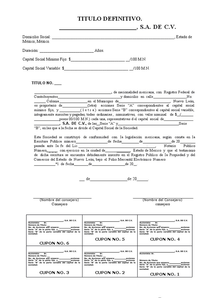 Formato Titulo Definitivo de Acciones | PDF | Derecho privado | Corporaciones