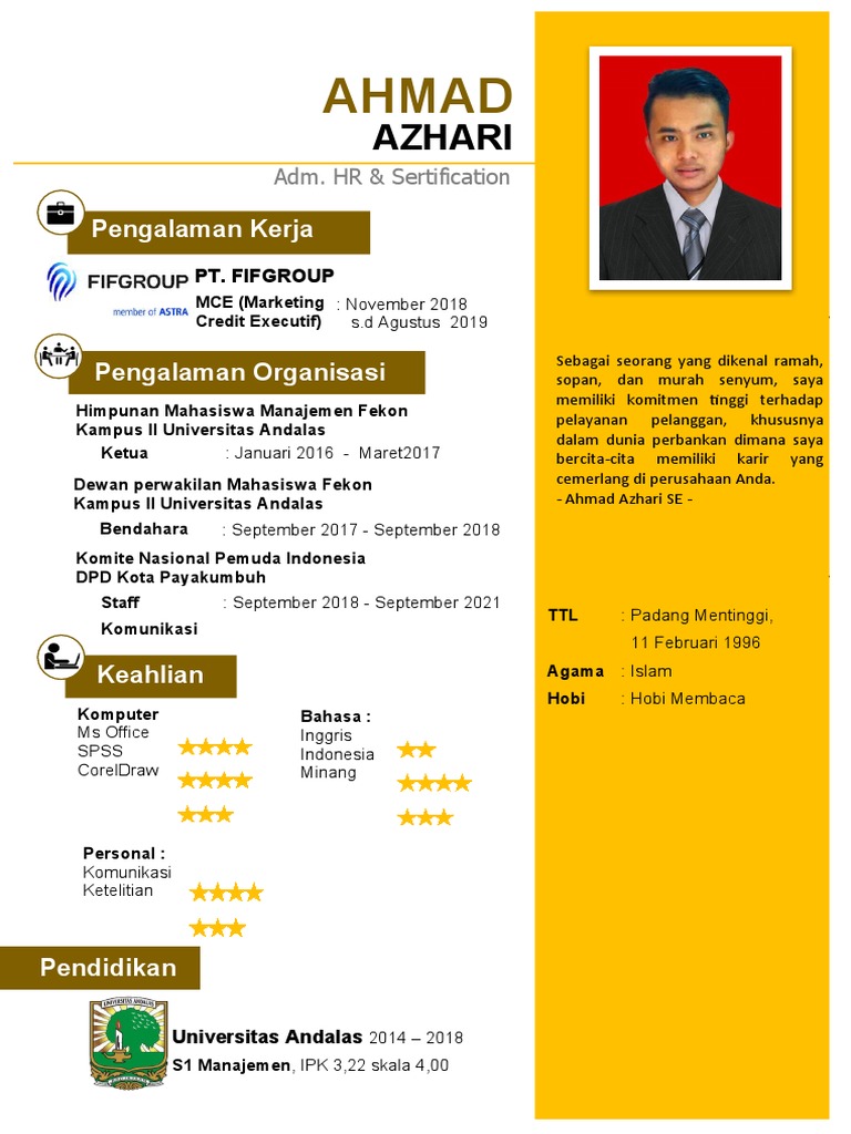 Ahmad Azhari, SE - CV Update 2019 - Adm HR & Sertification | PDF