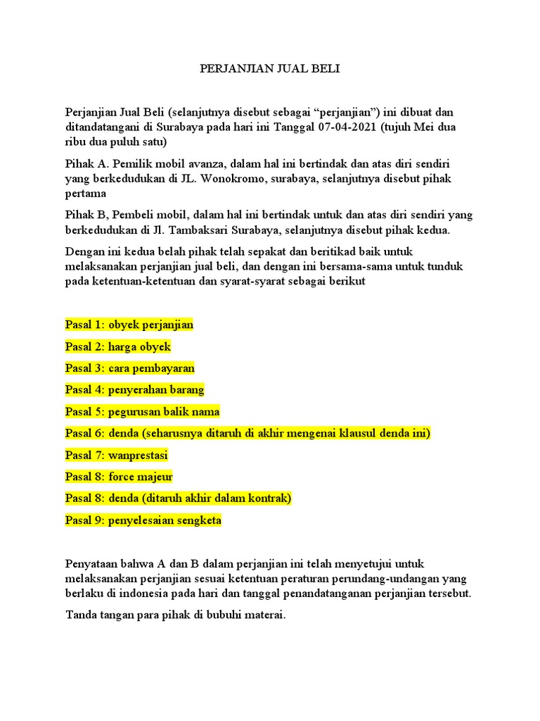 Outline Perjanjian Jual Beli | PDF