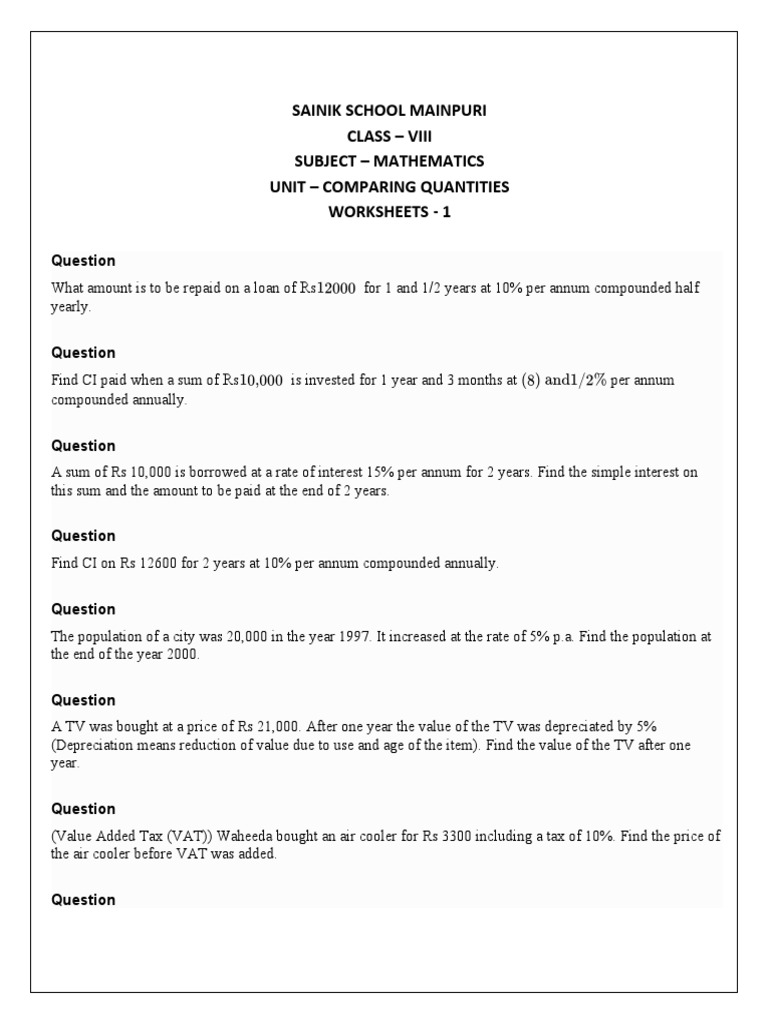 Worksheet - Ccomparing Quantities | PDF | Interest | Taxes