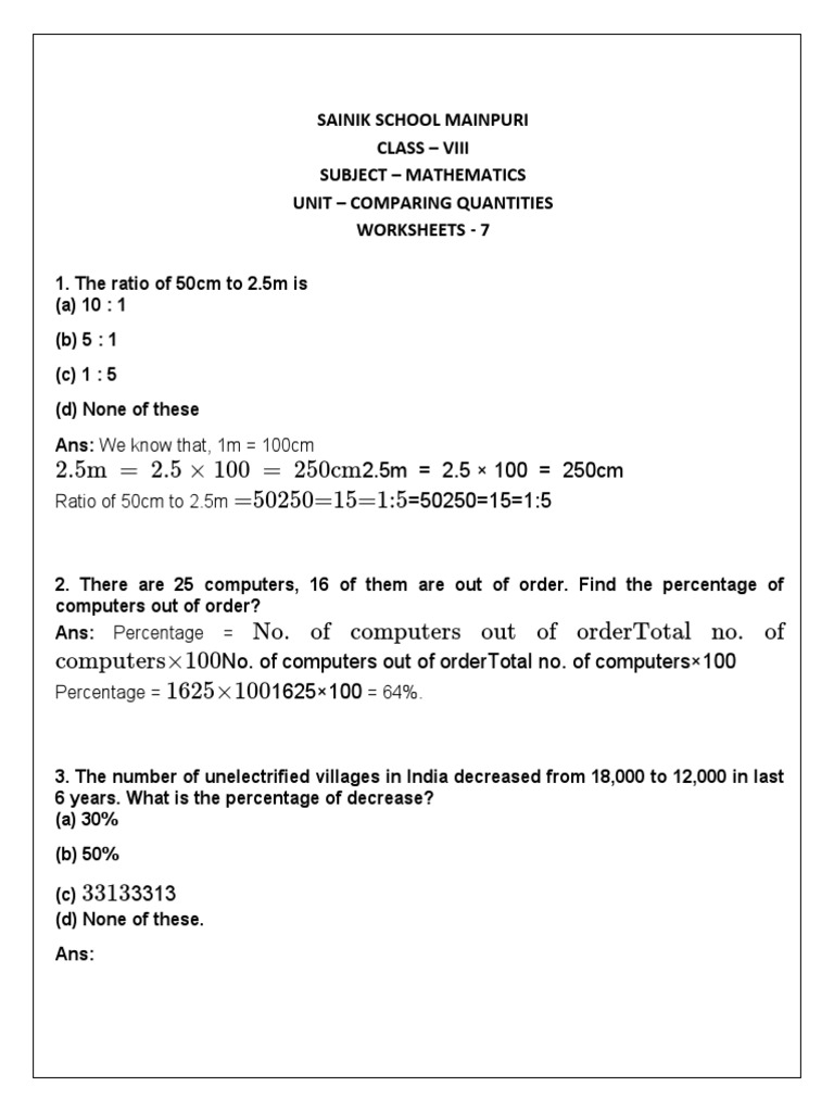 Worksheet 7 - Comparing Quantities | PDF | Interest | Percentage