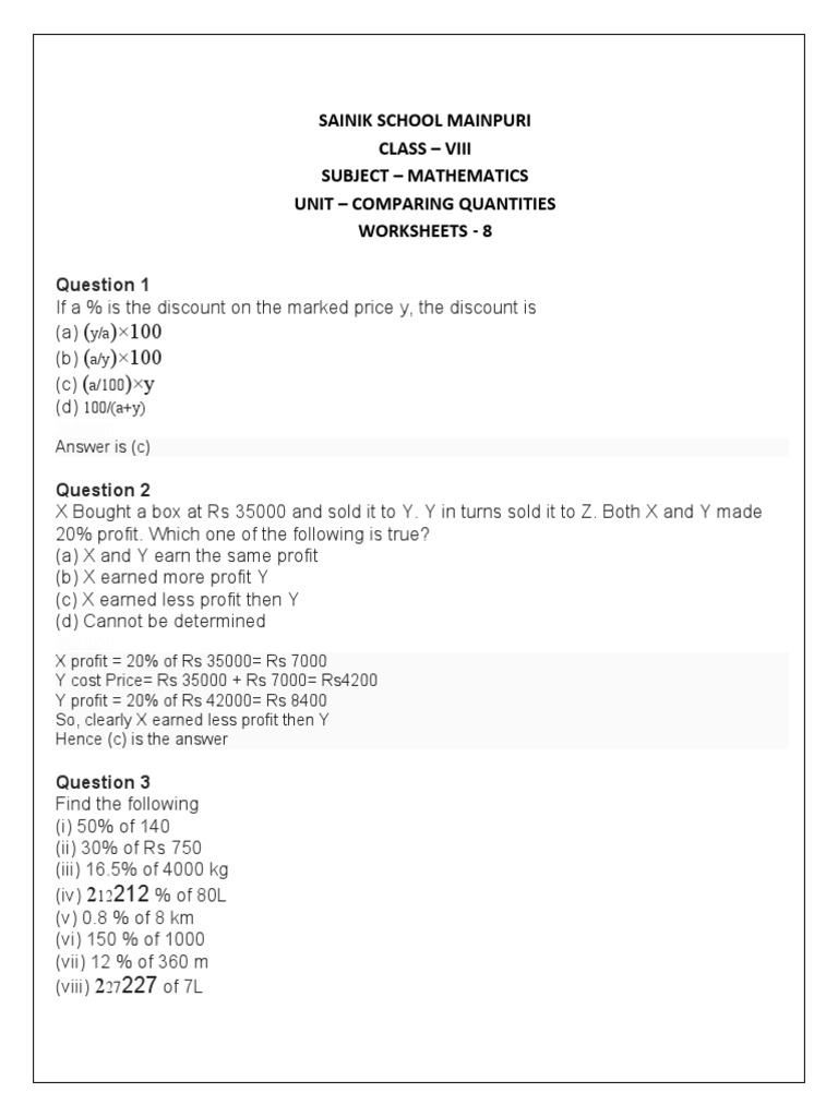 WORKSHEET 8 - COMPARING QUANTITIES | PDF | Percentage | Money