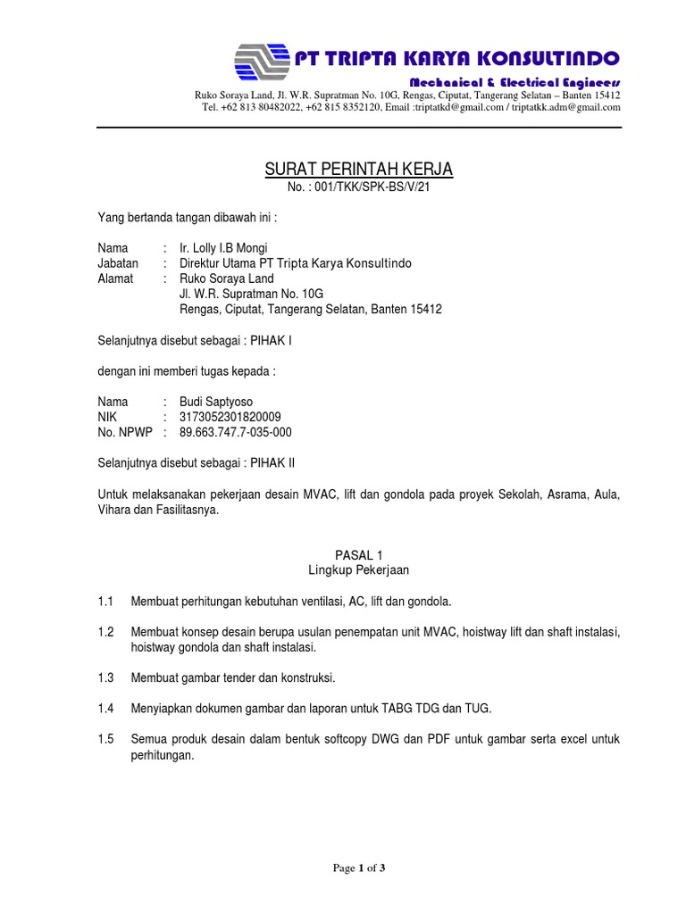 Surat Perintah Kerja PT Tripta Karya | PDF