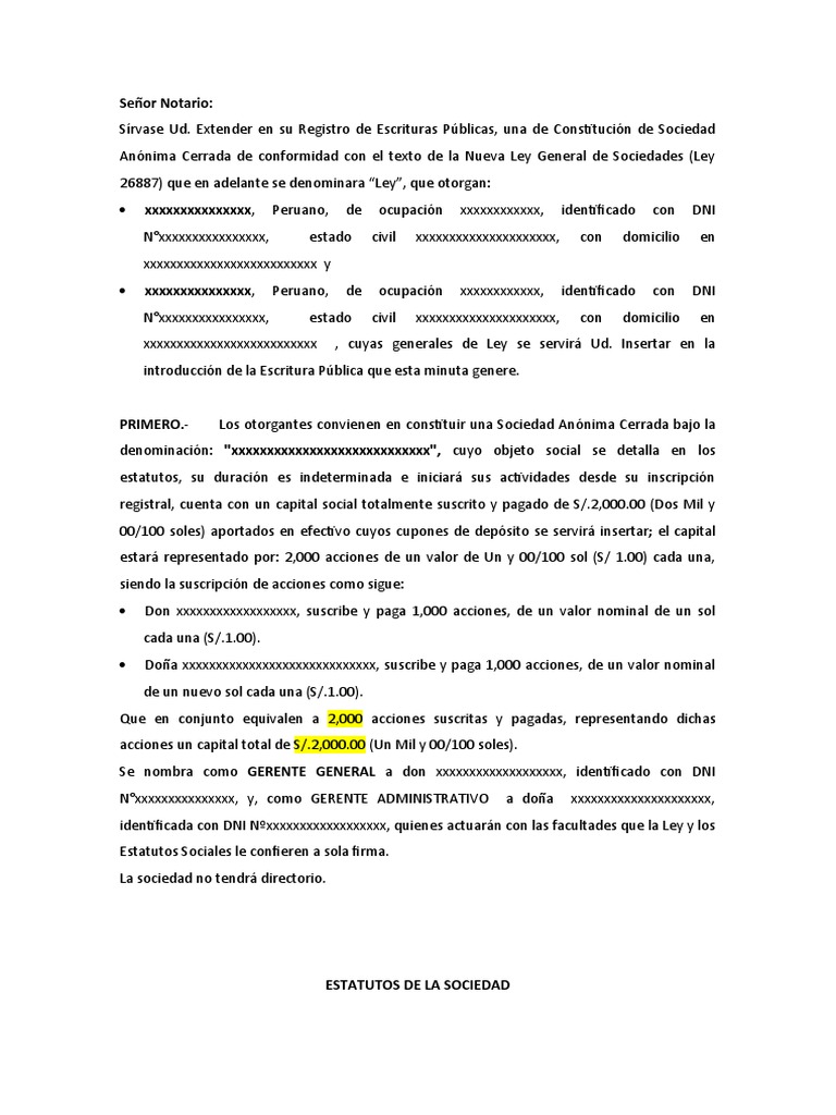 Modelo de Minuta de Constitucion de Empresa | PDF | Bancos | Cheque