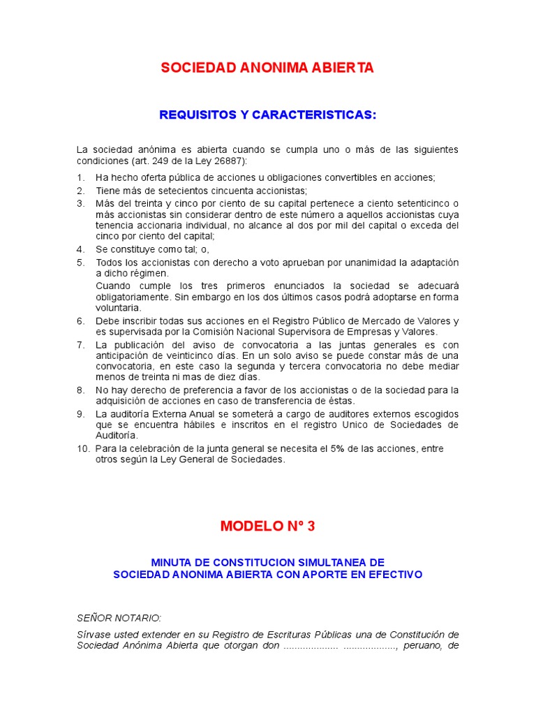 Modelo Sociedad Anónima Abierta | PDF | Sociedad de responsabilidad limitada | Compartir (Finanzas)