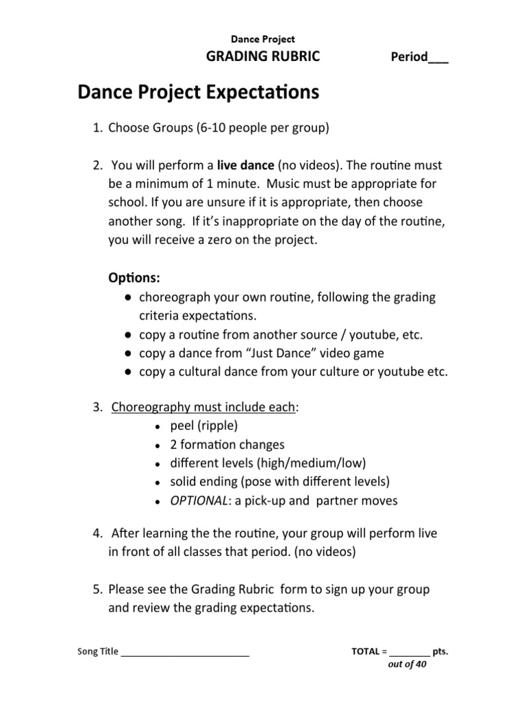 Dance Project Grading Rubric | PDF | Dances | Entertainment