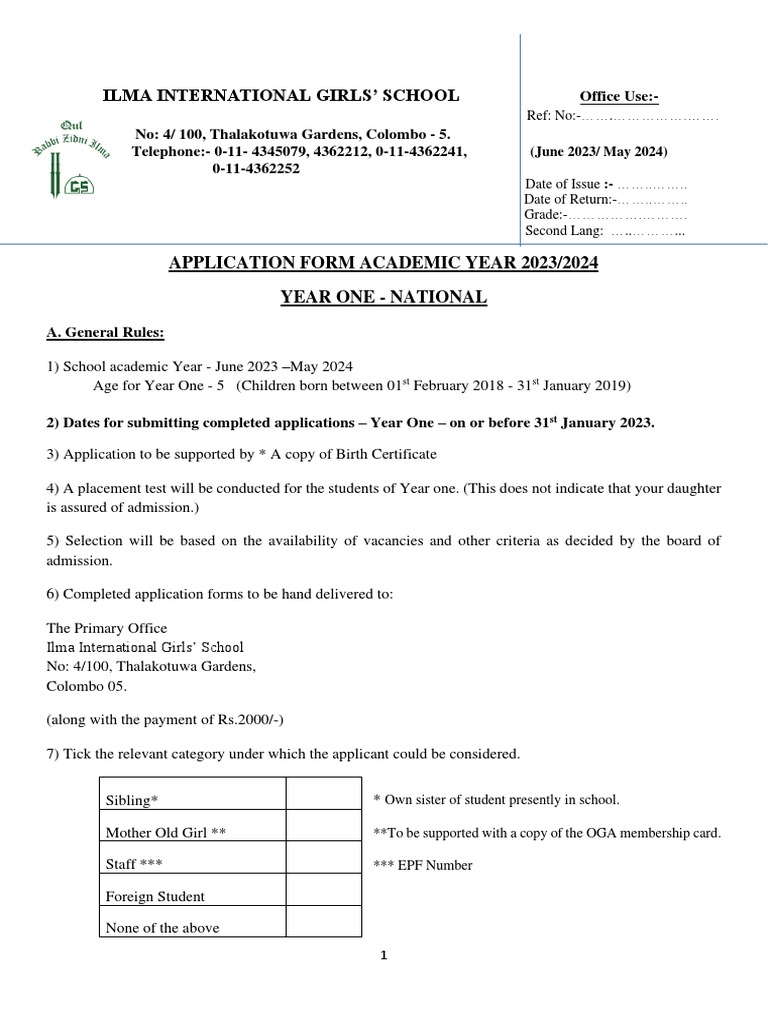 2023 2024 Year One National Application Form | PDF | Government