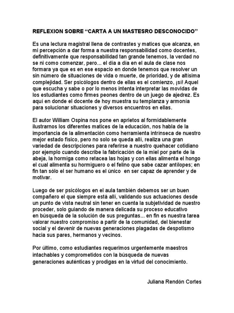 Reflexion Sobre Carta A Un Maestro Desconocido | PDF