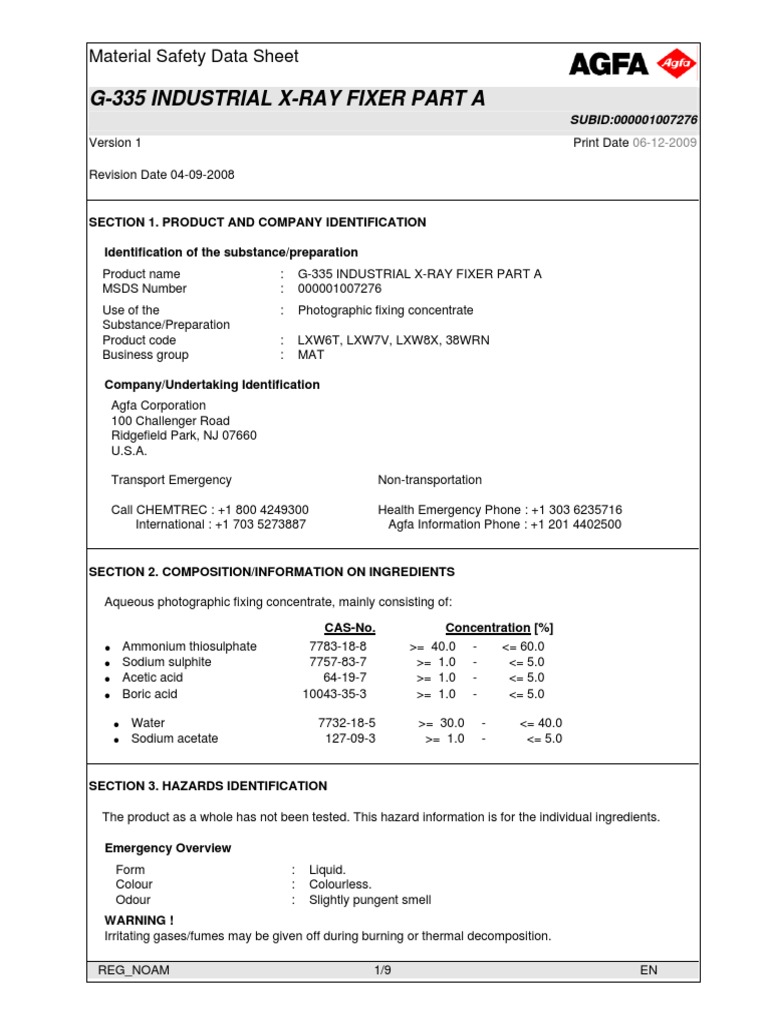 AGFA G335 Fixer Part A MSDS v1 | PDF | Resource Conservation And ...