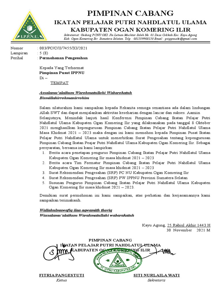 Surat Permohonan Pengesahan PP Ippnu (Pcippnuoki) | PDF Surat Permohonan Pengesahan PP Ippnu (Pcippnuoki) | PDF