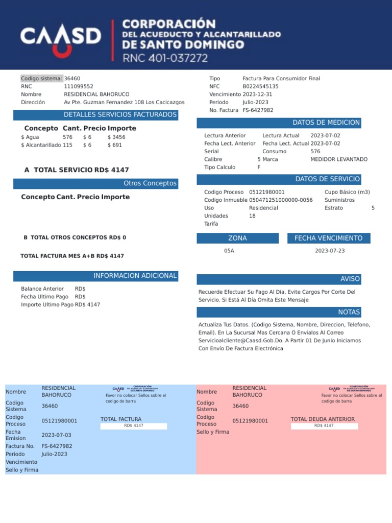 Factura Agua Residencial Bahoruco Julio 2023 | PDF | Industrias de servicio