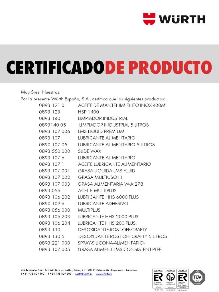 Certificación de Lubricantes Halal Würth | PDF | Aceites