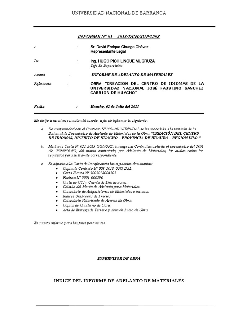 3 Informe Adelanto Materiales | PDF | Presupuesto | Materiales de construcción