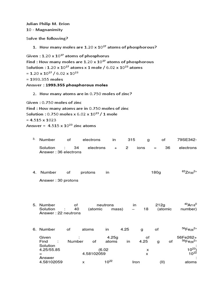 Mole Concept Act Pdf Atoms Mole Unit