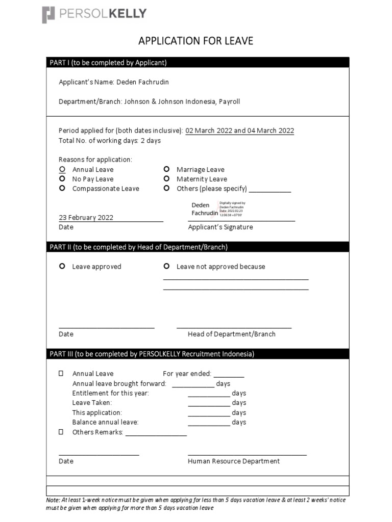 Annual Leave Form PERSOLKELLY | PDF