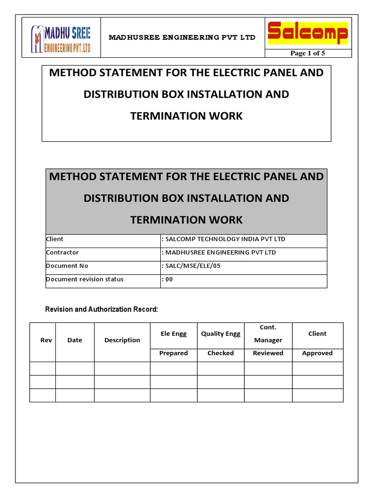 METHOD STATEMENT FOR Electric Panel and Distribution Box Installation and Termination | PDF ...