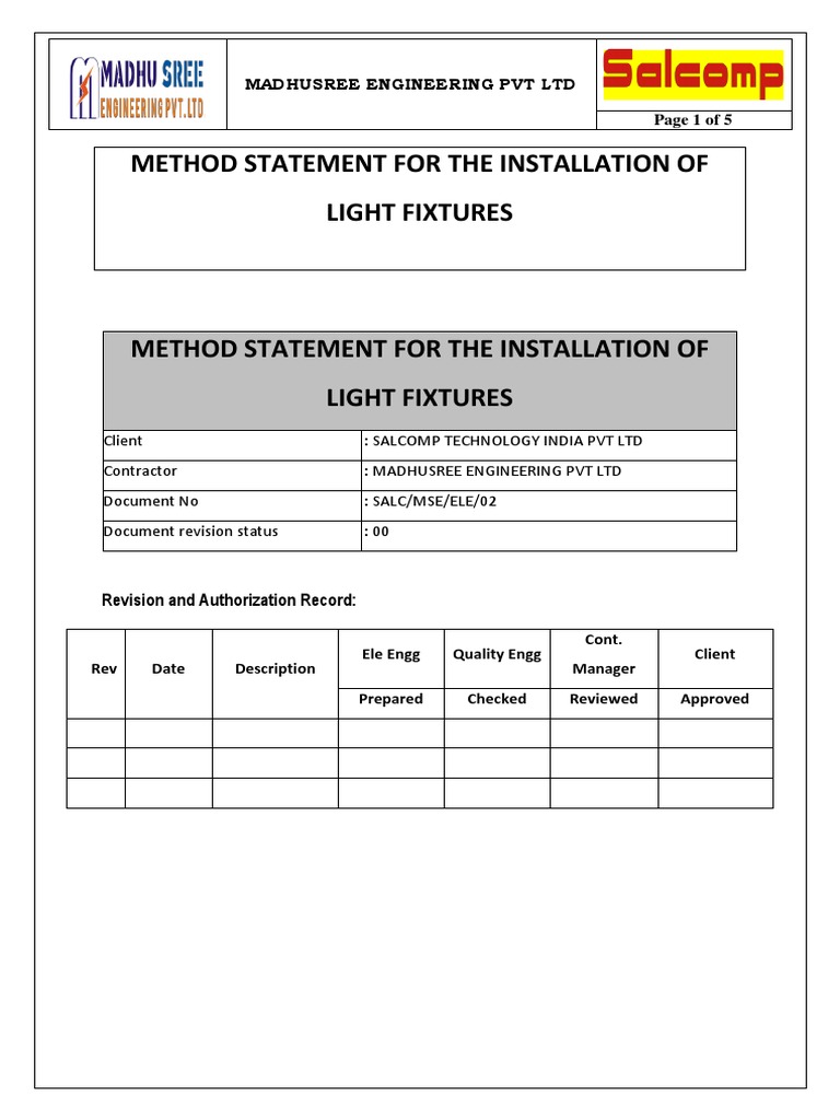 Light Fixture Installation Method Statement | PDF | Electrical Wiring ...