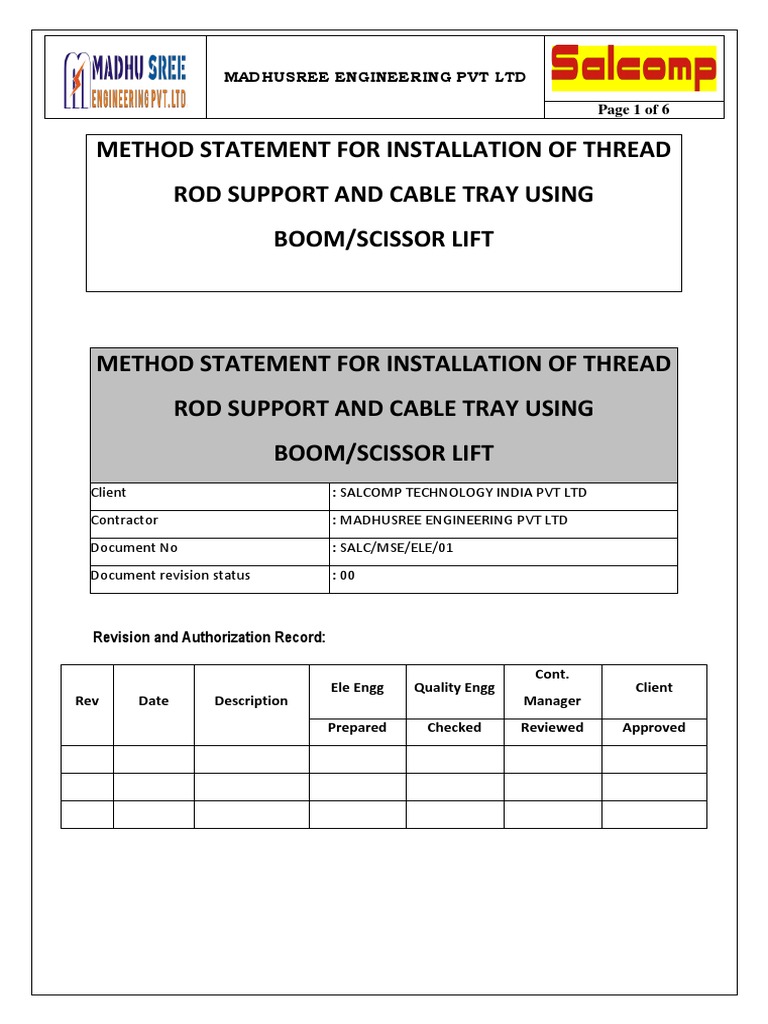Method Statement For Installation of Thread Rod Support and Cable Tray ...