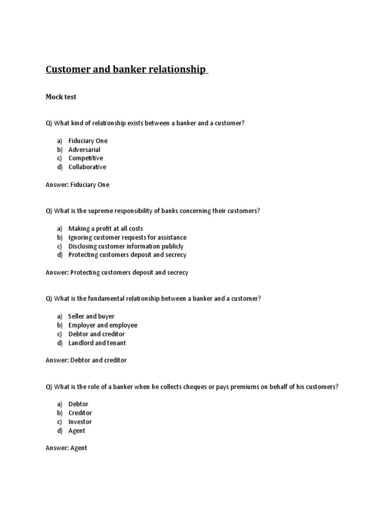 Customer and Banker Relationship MCQ | PDF | Banks | Cheque