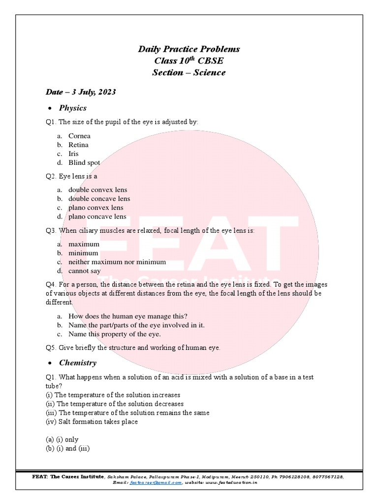 DPP 10th CBSE Week 1 of July | PDF | Eye | Electrolyte