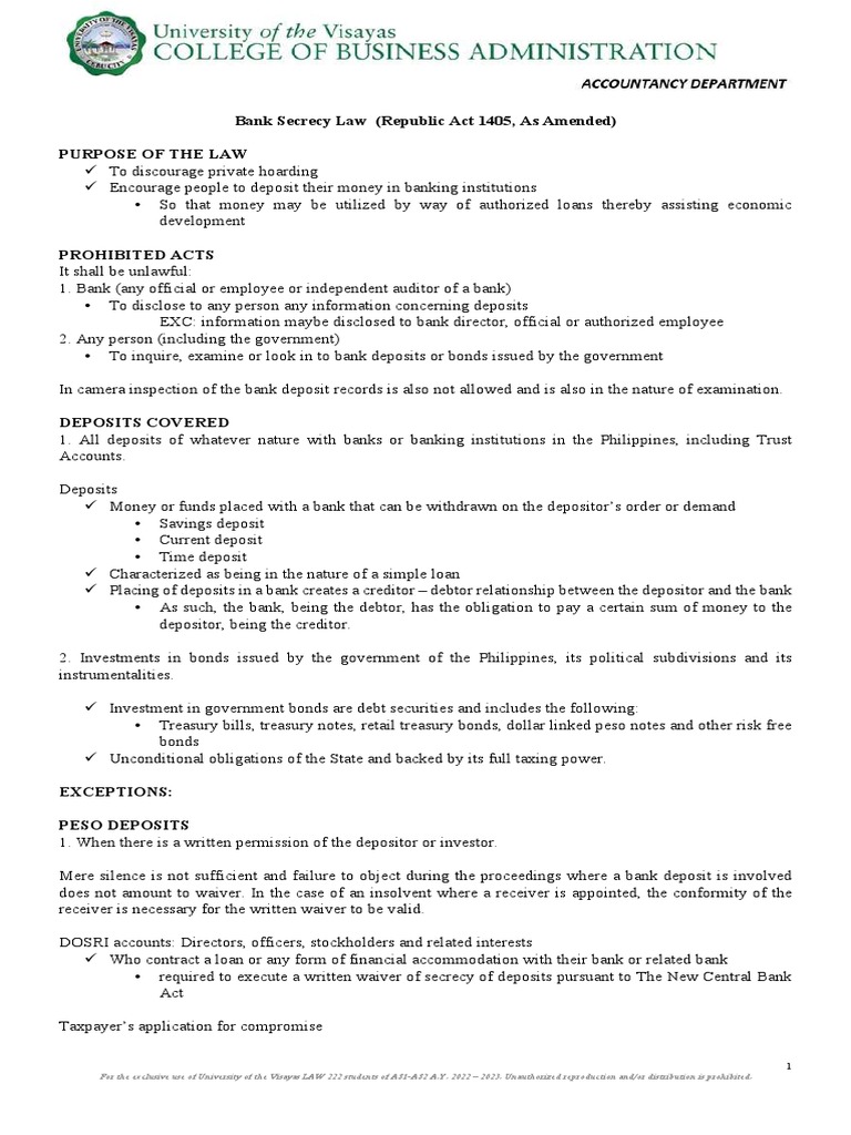 Bank Secrecy Law Notes | PDF | Banks | Deposit Account