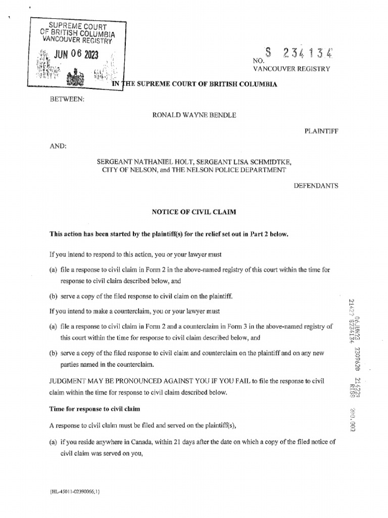 Bendle, Notice of Civil Claim | PDF