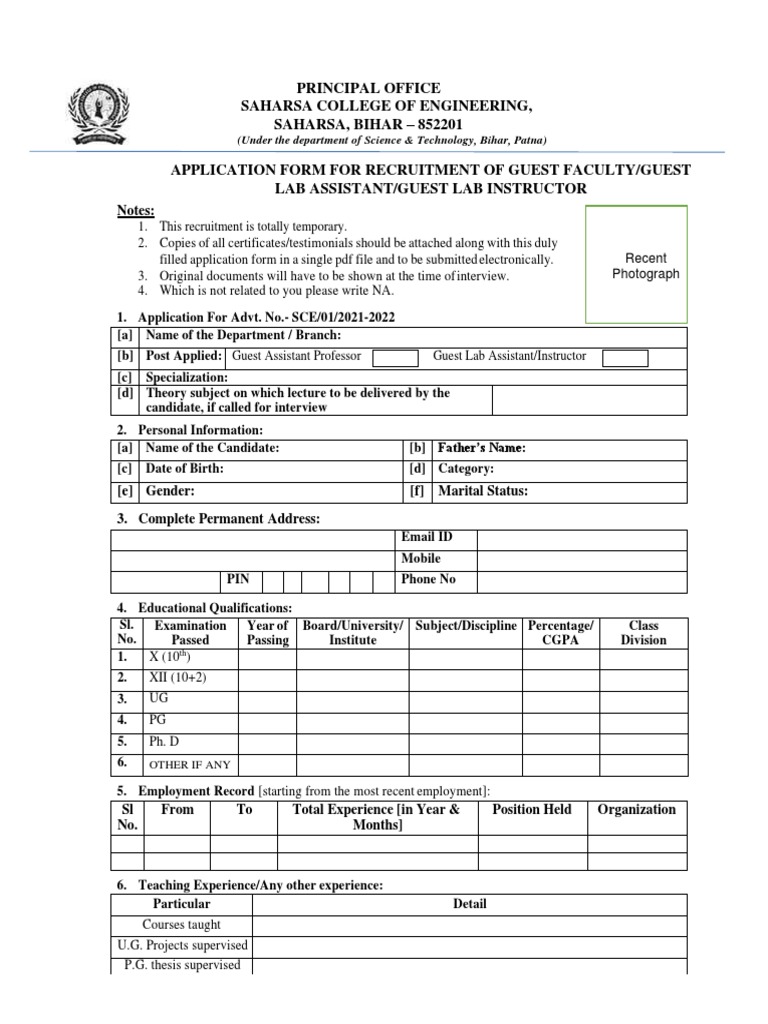 Application Form For Guest Staff Teaching and Non Teaching | PDF ...