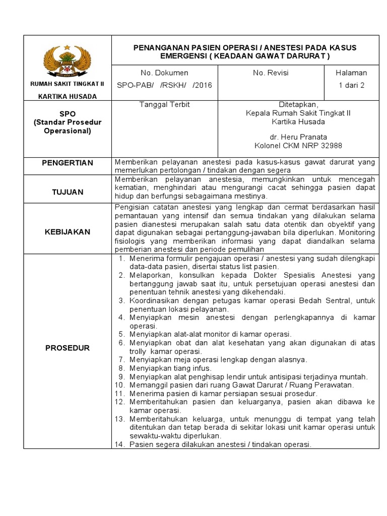 Prosedur Anestesi Gawat Darurat RSKH | PDF