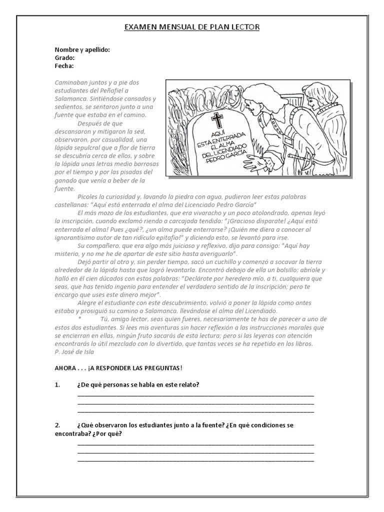 Examen Mensual de Plan Lector | PDF