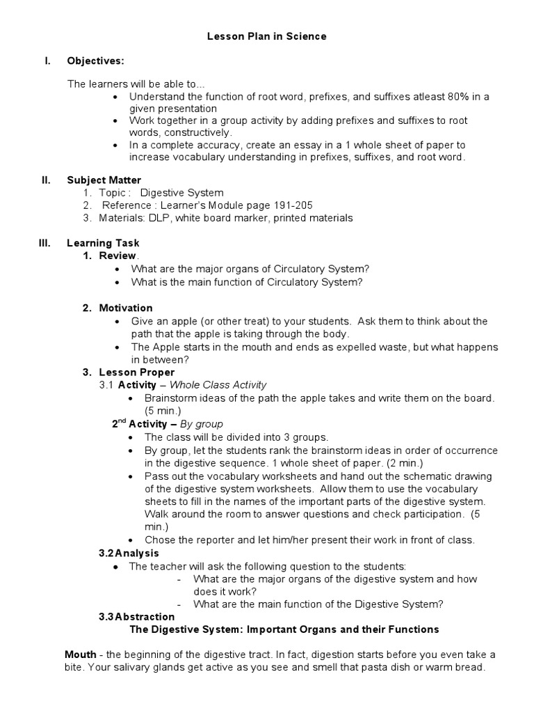 Lesson Plan Sample LP 100 | PDF | Human Digestive System | Digestion