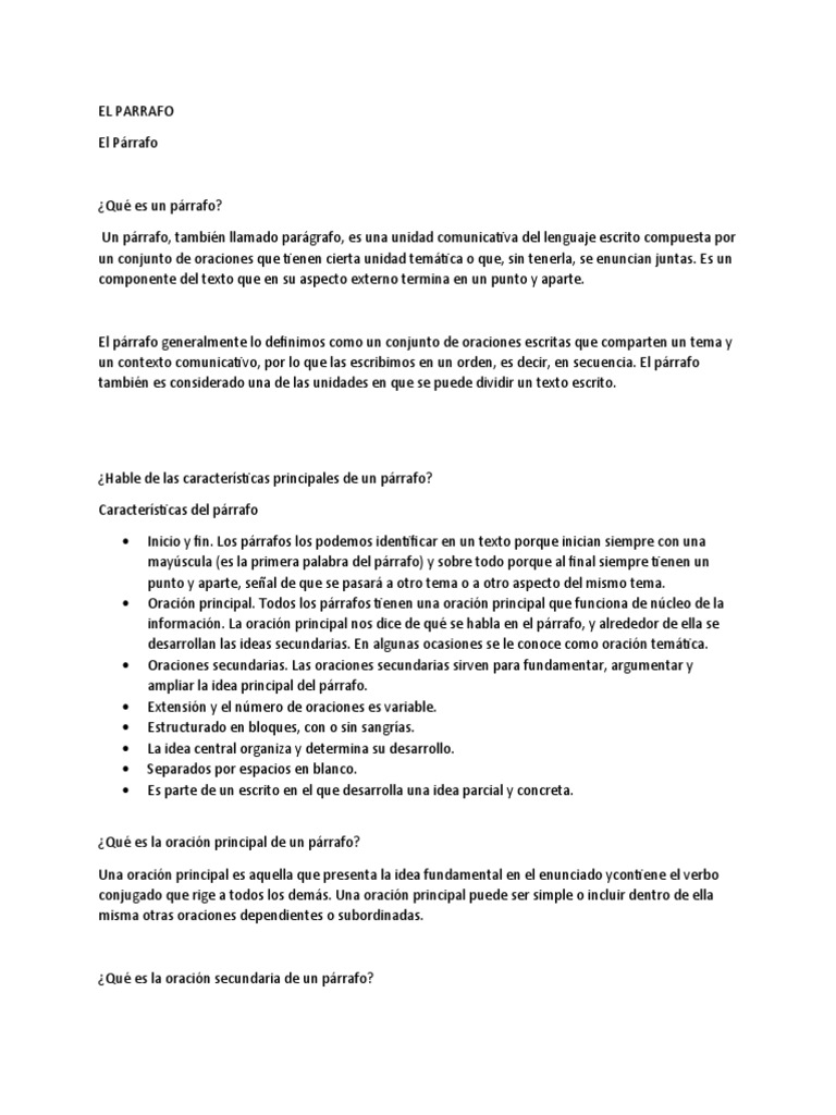 Definición y Estructura del Párrafo | PDF | Oración (Lingüística) | Párrafo