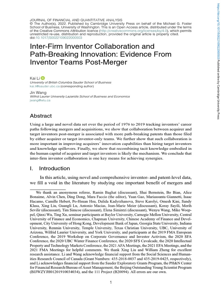 Li&Wang-2022-JFQA-Inter-Firm Inventor Collaboration and Path-Breaking ...