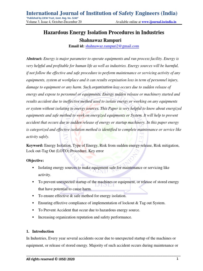 IJISEI V3 I4 1 Hazardous Energy Isolation Procedures in Industries | PDF
