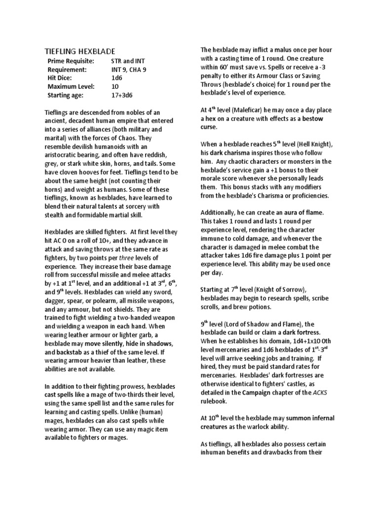 ACKS - Class - Tiefling Hexblade | PDF
