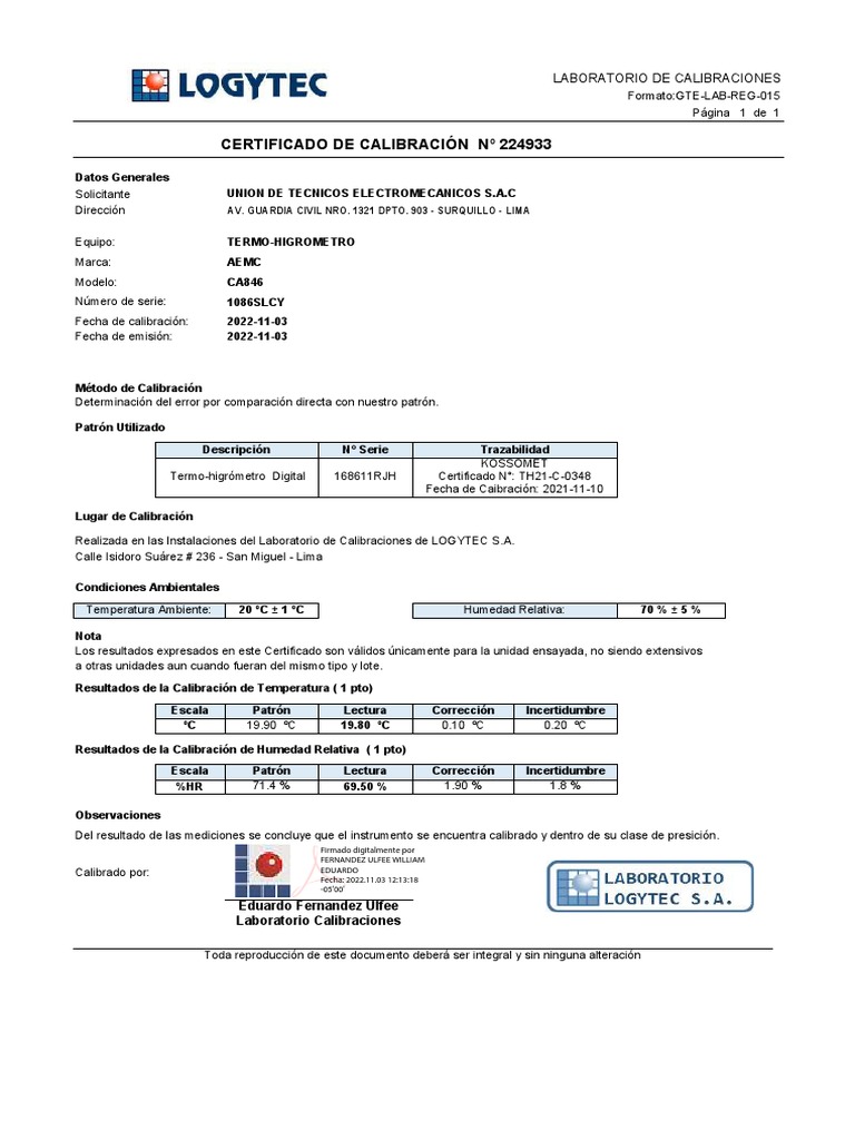Termohigrometro Digital AEMC CA846 Serie 1086 SLCY LXI-2117 | PDF | Calibración | Metrología