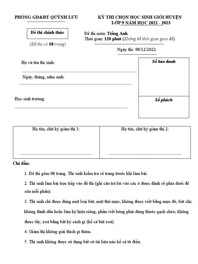 HSG 9. Qu NH Lưu 12.2022. Chính TH C | PDF