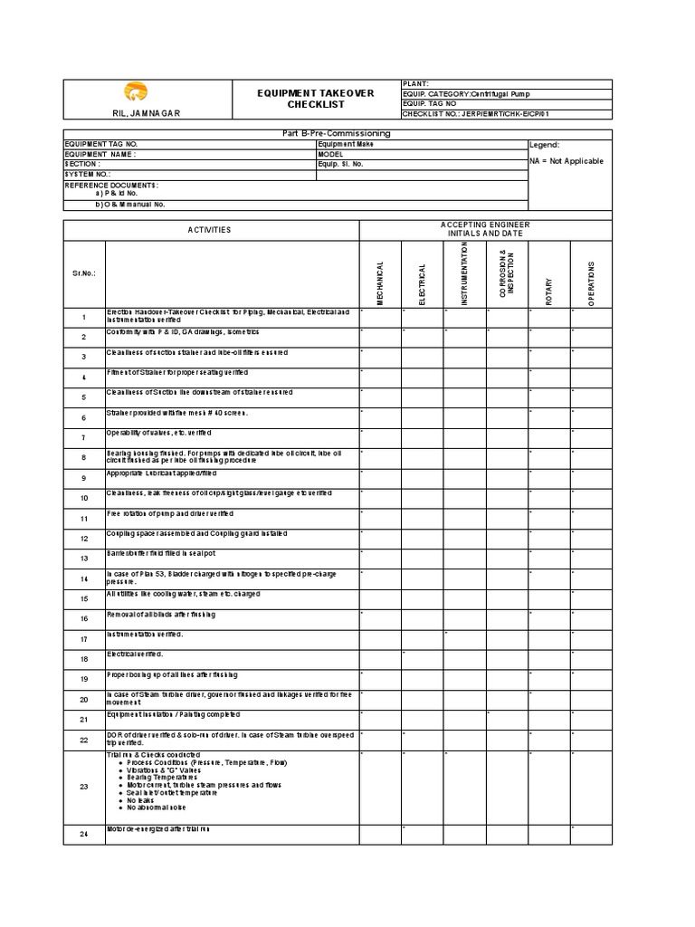 Pump Checklist - Pre-Commissioning | PDF | Pump | Lubricant