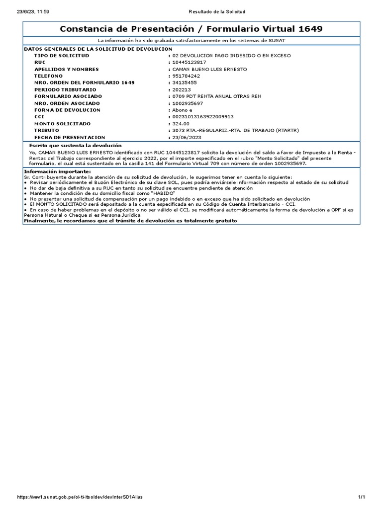 Constancia de Solicitud de Devolución | PDF | Pagos | Gobierno
