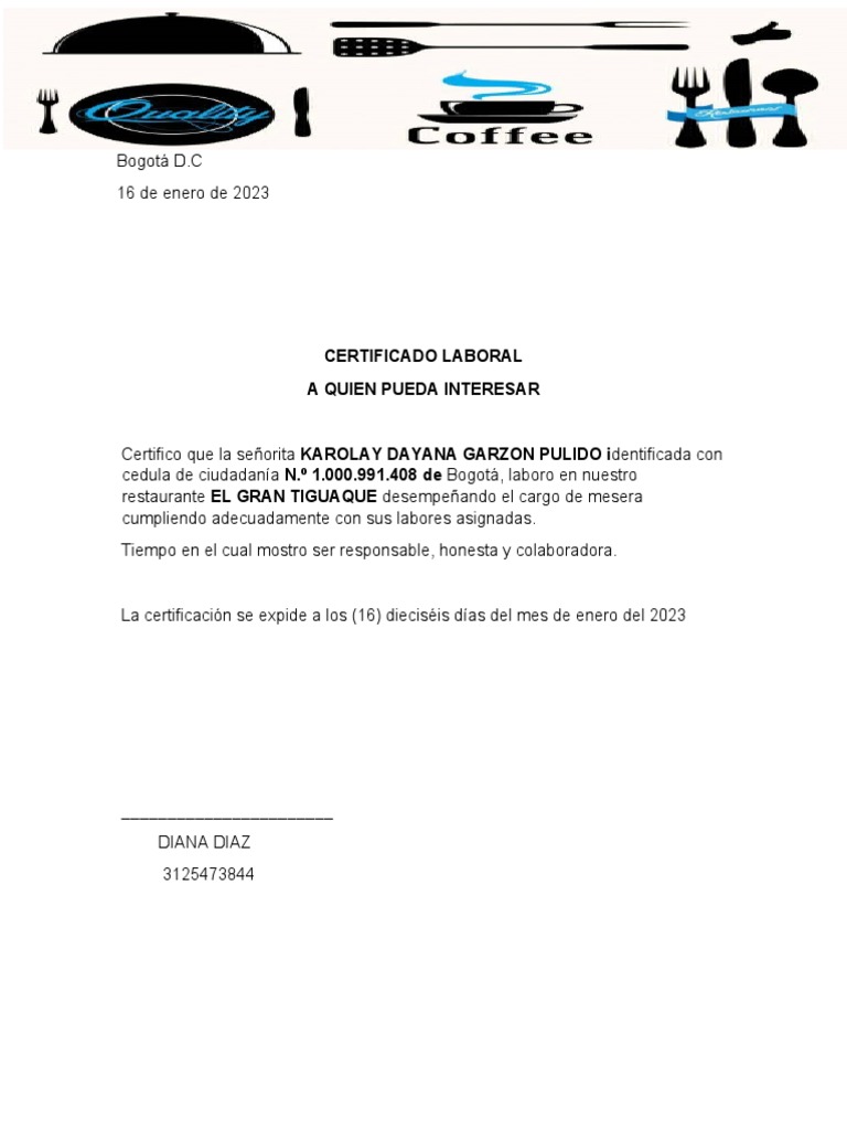 Cartas Referencia LABORAL RESTAURANTE | PDF