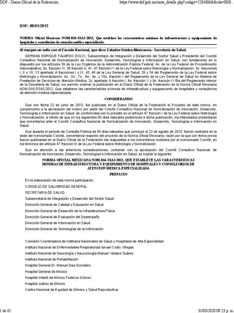 NOM-016-SSA3-2012 Equipamiento | PDF | Hospital | Laboratorios
