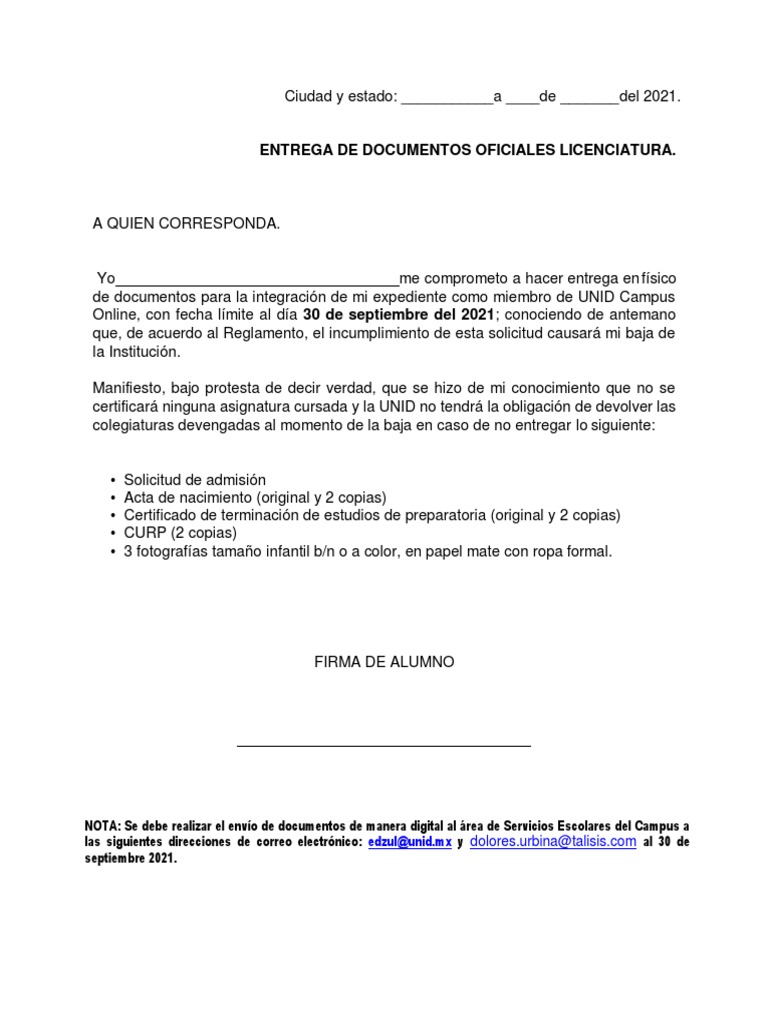 Carta para Entrega de Documentos LIC | PDF