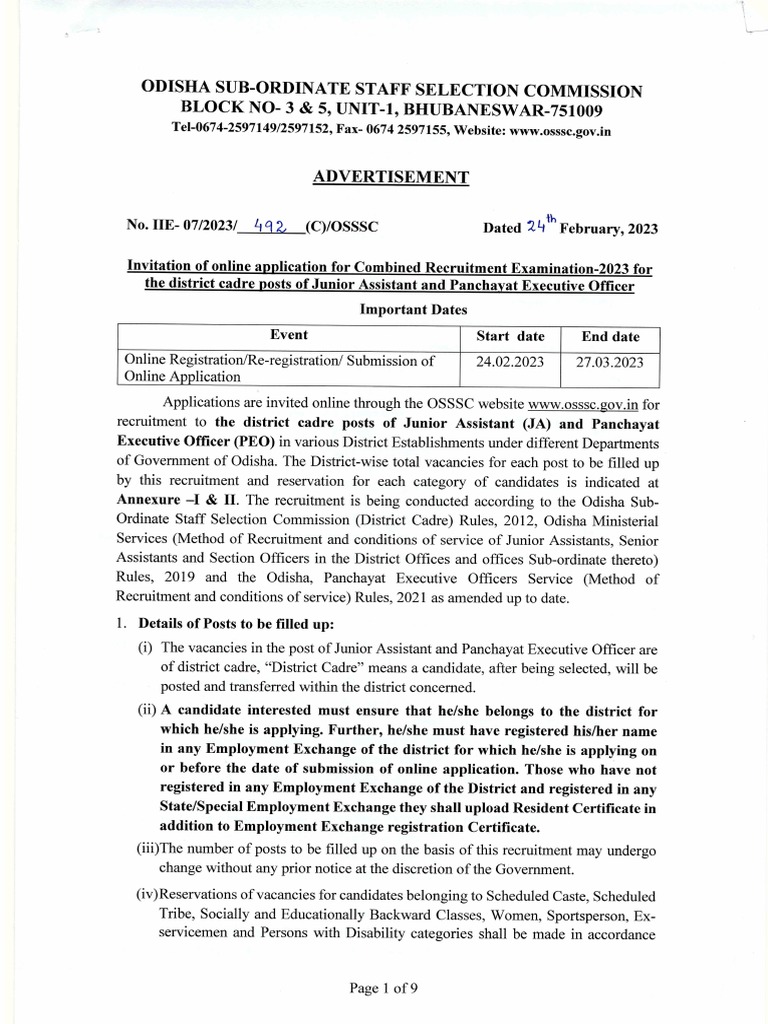 OSSSC PEO Notification Detailed 2023 | PDF