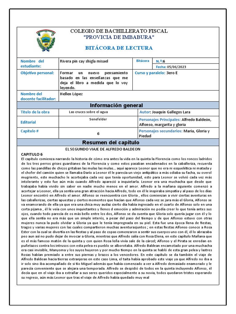 Bitácora de Lectura: Capítulo 6 de "Las cruces sobre el agua" | PDF