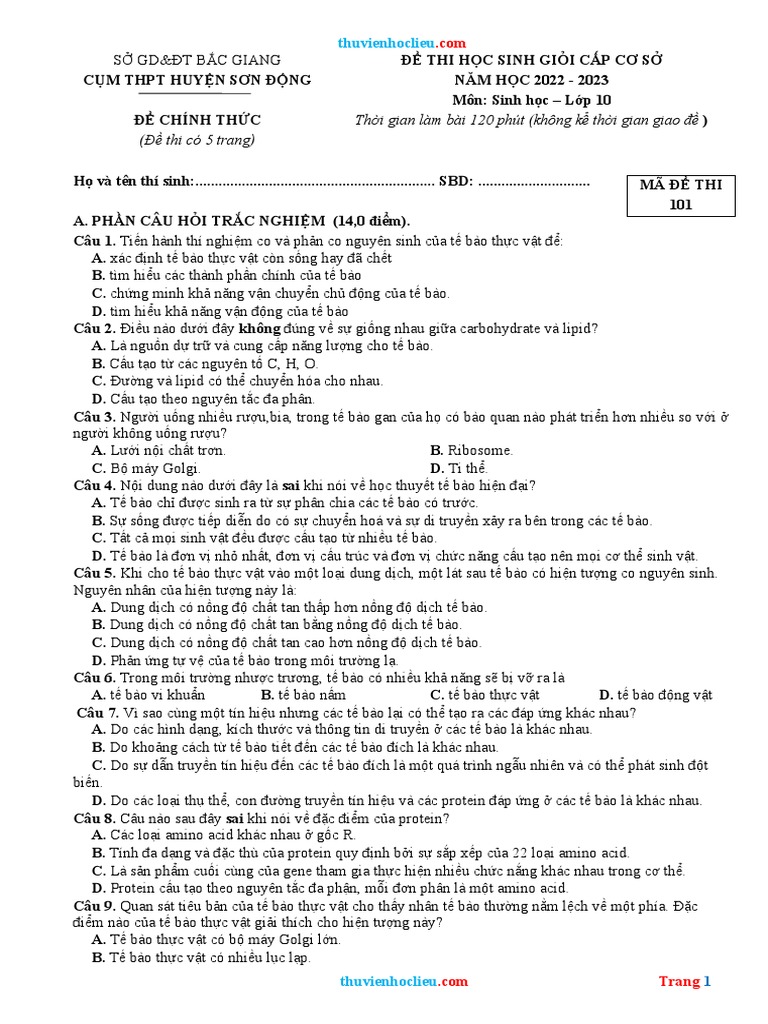 De Thi HSG Sinh 10 Cum Truong Huyen Son Dong 22 23 | PDF