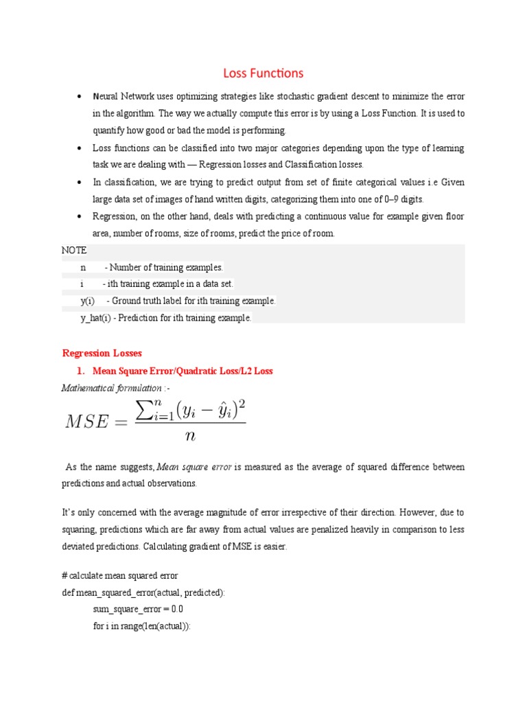 Loss Functions Pdf Mean Squared Error Loss Function