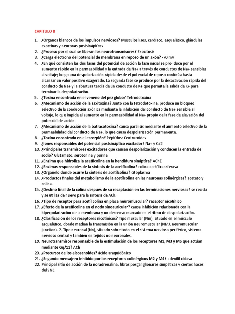 Cuestionario Cap8 | PDF | Acetilcolina | Potencial de acción