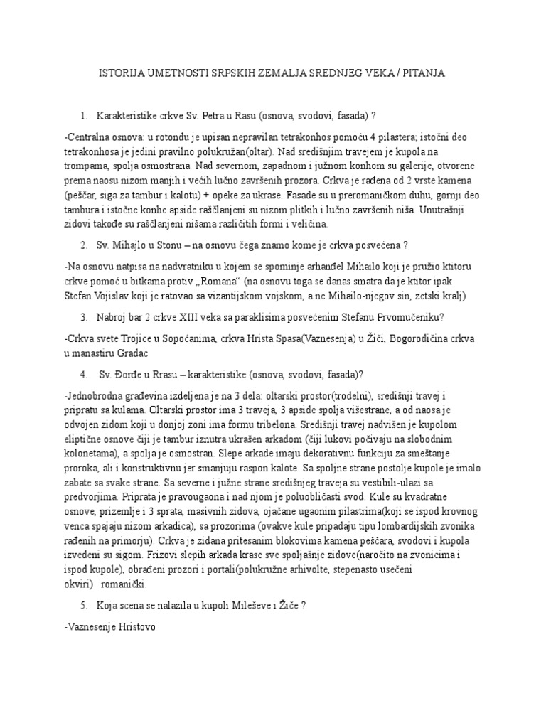 ISTORIJA UMETNOSTI SRPSKIH ZEMALJA SREDNJEG VEKA Pitanja | PDF