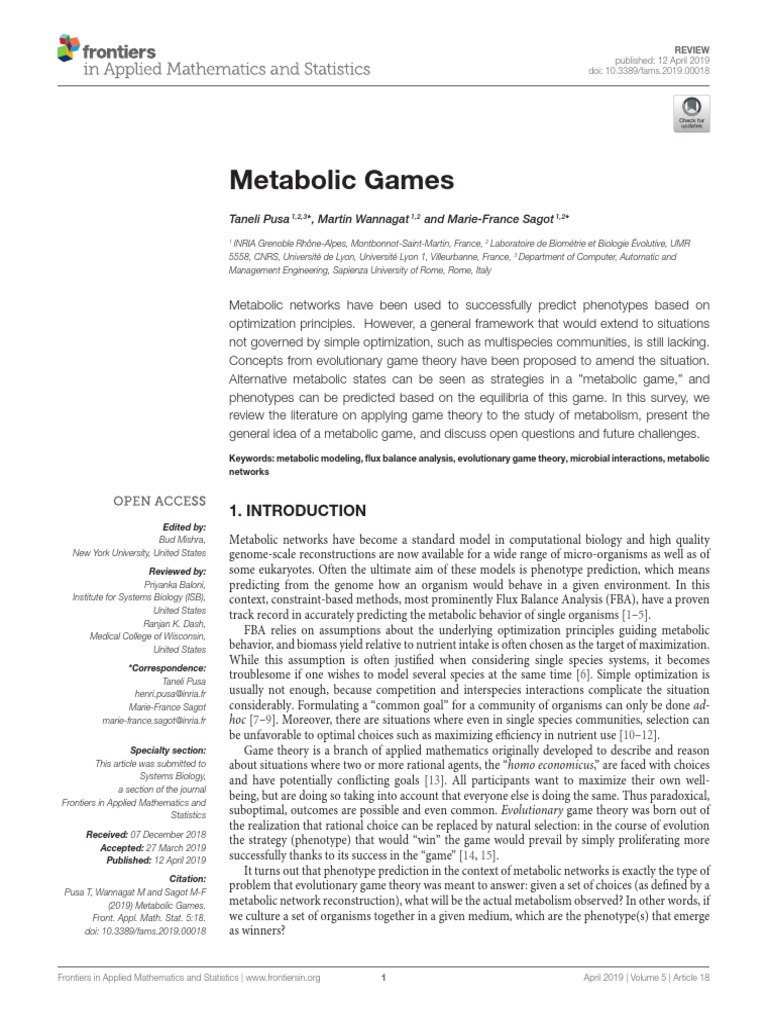 Pusa - 2019 - Metabolic Games | PDF | Game Theory