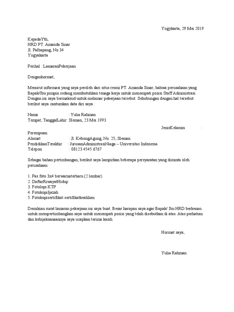 Contoh Surat Lamaran Kerja Staff Administrasi Pdf