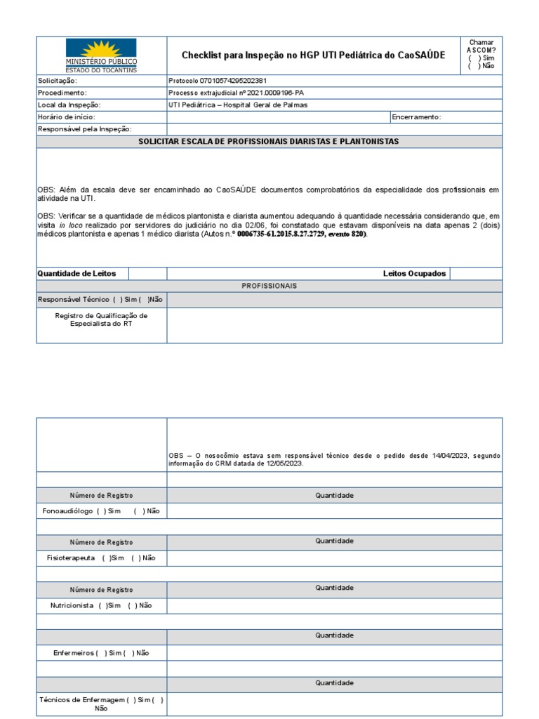 Checklist Inspeção UTI Pediátrica HGP | PDF | Unidade de Tratamento ...